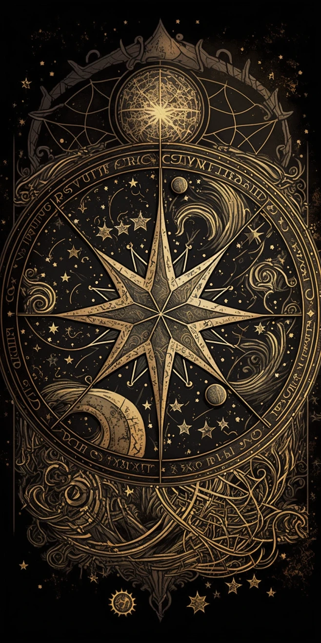 Nitted ancient map of stars marginalia with magical symbols, dark background-花瓣网