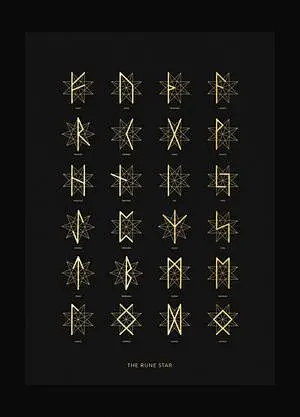 The rune star, set of 24 runes in gold foil black art print by studio ...