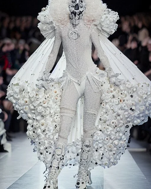 Fashion model walking down a catwalk, fancy dress by alexander mcqueen ...