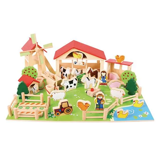 This brightly coloured wooden farm set includes many fabulous farm ...