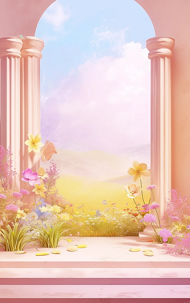 a 3d portrait background with flowers and pillars, in the style of ...