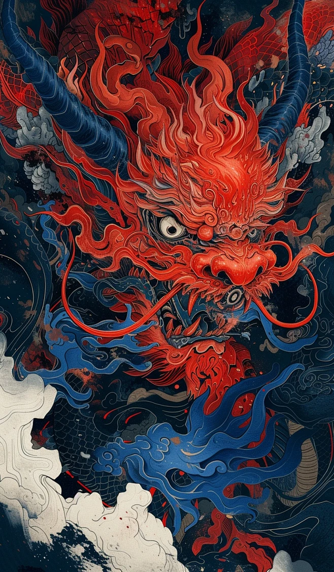 Picture a red demon's face with wings and swirling smoke, marrying ...