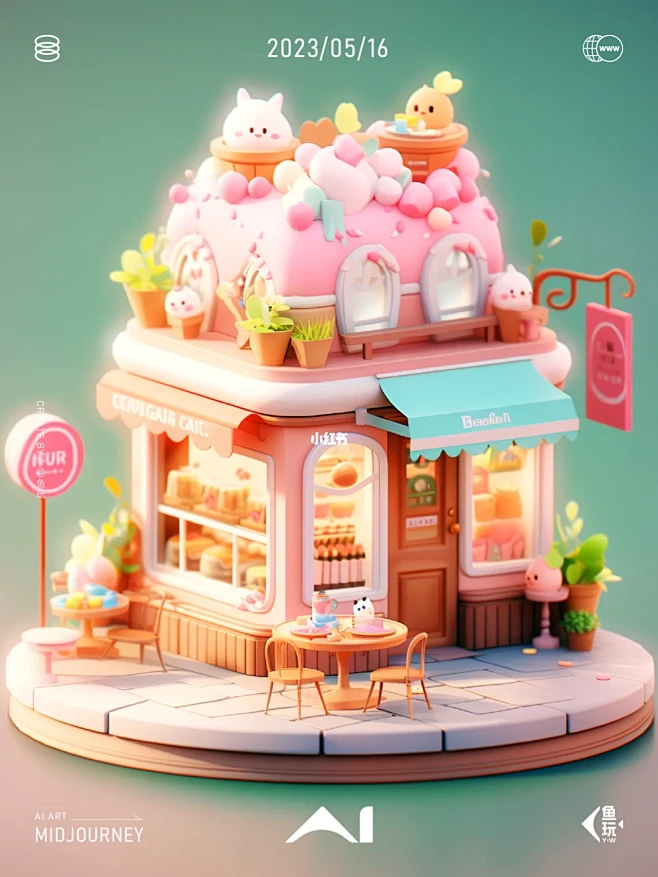 Prompt：miniature, clay freeze frame animation, Cute mini cake shop ...