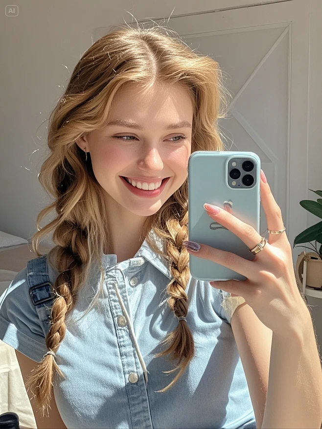 jimeng-2025-05-13-336-欧美模特，拿着手机看对镜自拍，阳光笑容，青春时尚。-花瓣网