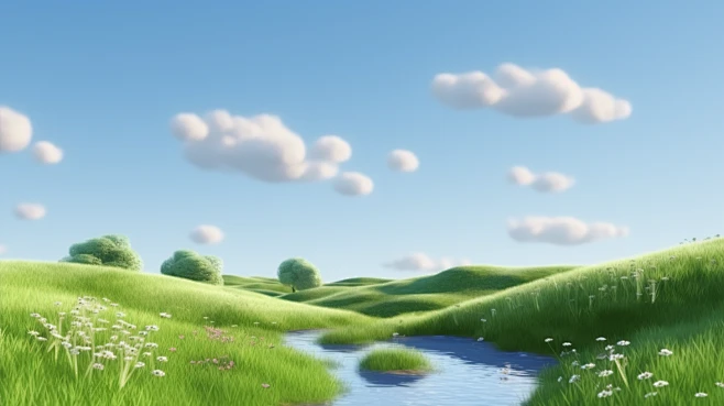 A beautiful green grassy landscape with pond and sky, grassy hill with ...