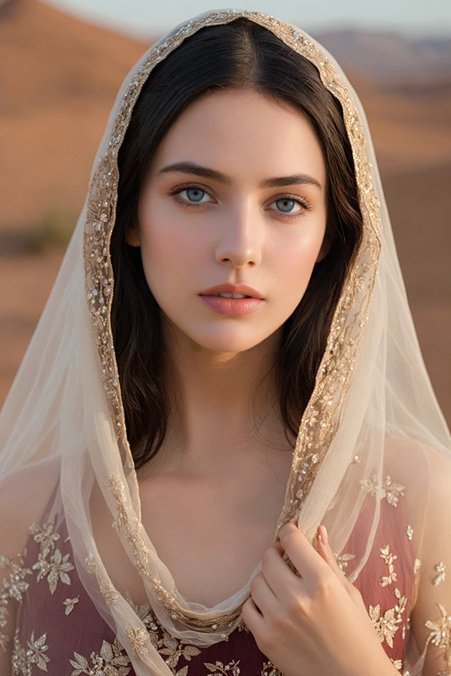 This image shows a close-up of an ethereal-looking young woman with ...