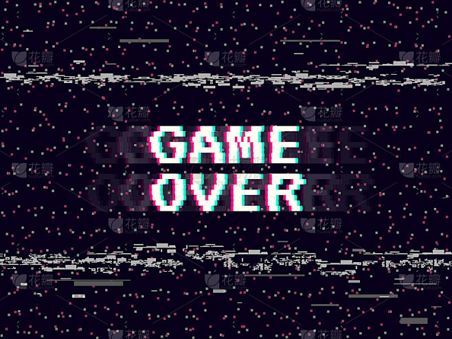 游戏结束故障背景。复古游戏背景。故障线路噪音。VHS效果为您的设计。像素的题词。现代的矢量图