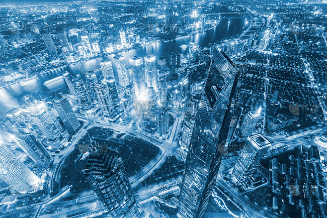 上海陆家嘴金融区夜间鸟瞰图