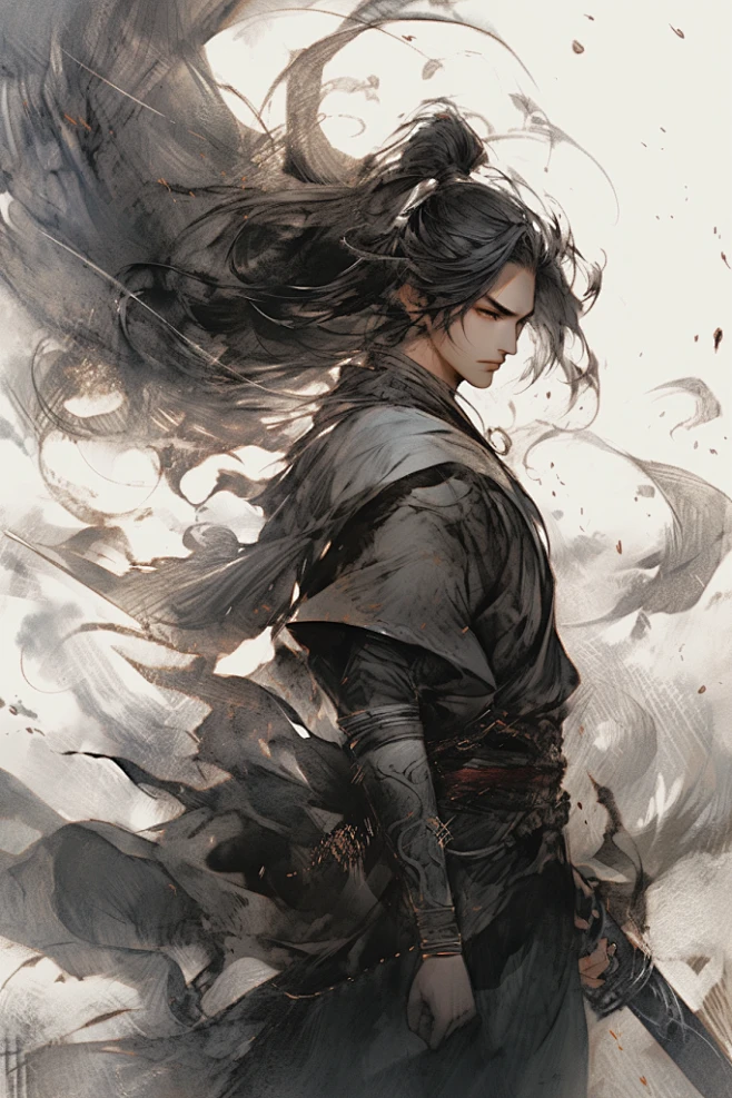 古风少年水墨武侠剑客插画-花瓣网