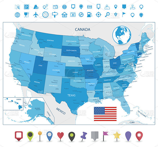 高度详细的美国地图在蓝色的颜色