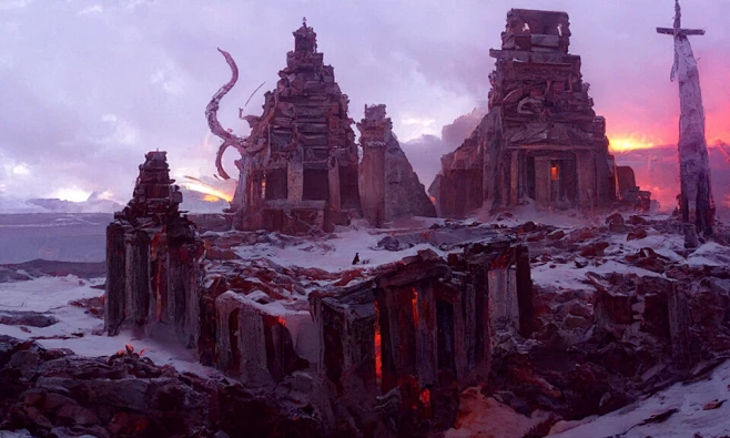 Ruins of Cthulhu temple in Antartica at dusk-花瓣网