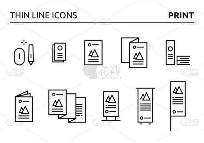 10 print element icons designed in thin line style