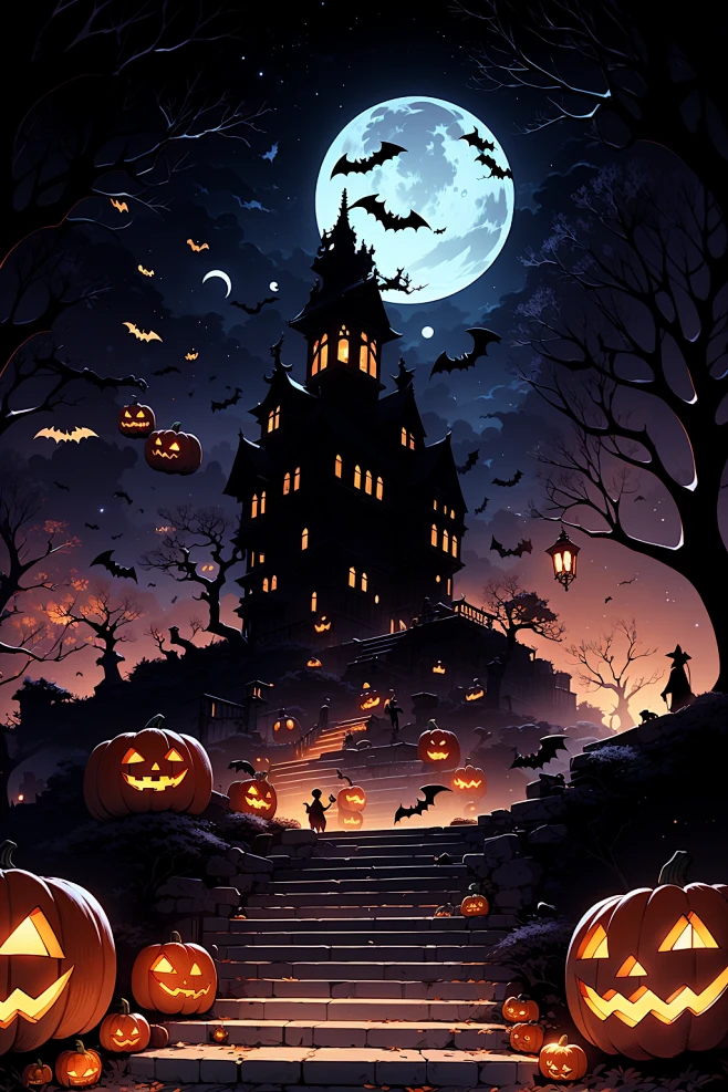 07717-849320621-WANSHENG, jack-o'-lantern, halloween, tree, stairs, pumpkin, scenery, outdoors ...