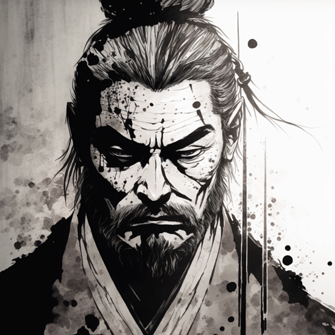 portrait of the face of an old samurai with a calm expression, manga ...