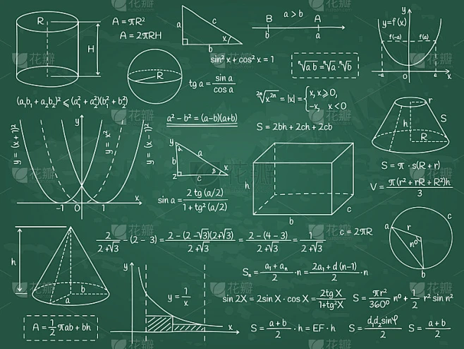 数学、几何或物理计算公式，代数图形和图形。涂鸦学校教育图形矢量插图集。手绘公式符号素材-花瓣网
