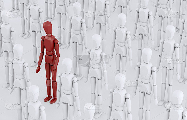 红色机器人在白色机器人群中孤独