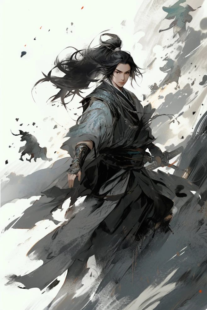 古风少年水墨武侠剑客插画-花瓣网