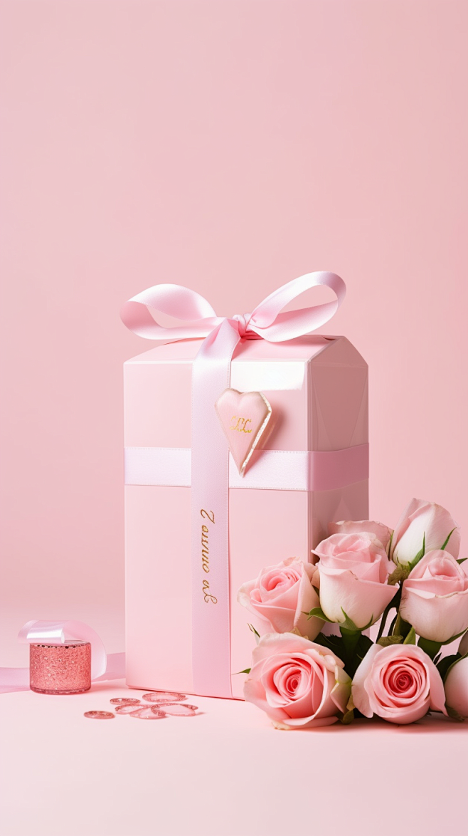 Clean light pink background, a gift box with ribbons on top, roses ...