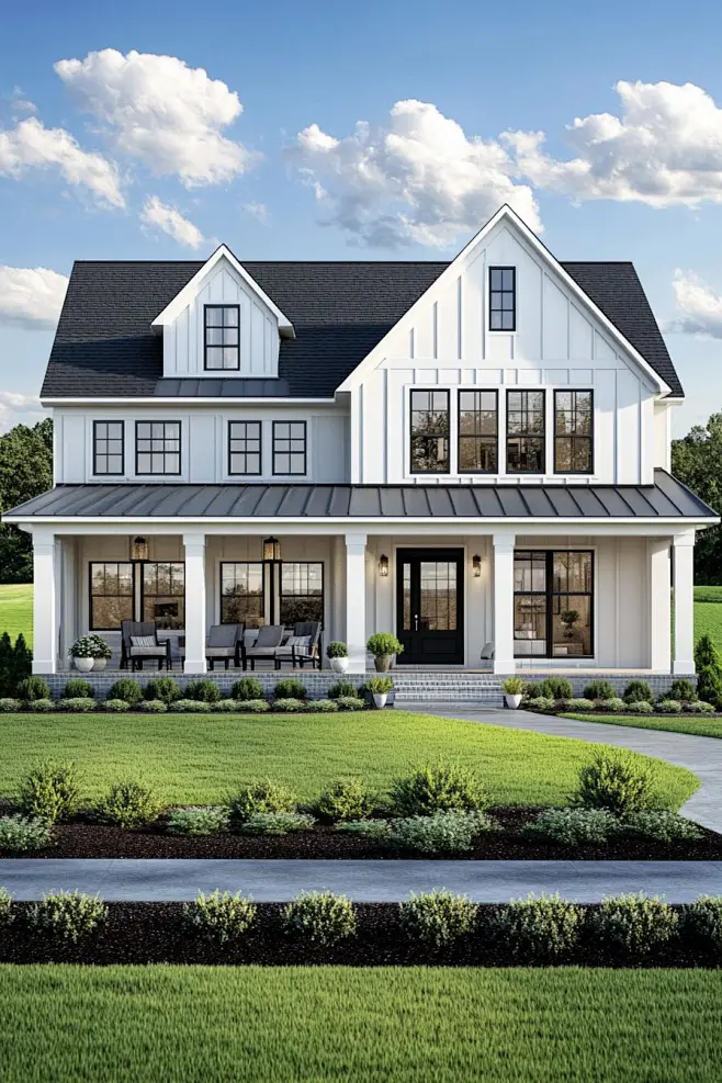 Wide angle photo of a modern farmhouse symmetrical gabled two story ...