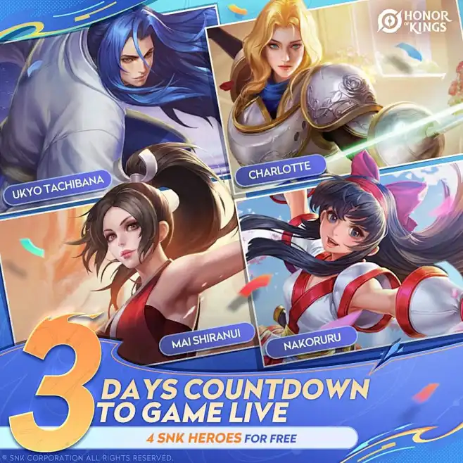 可能是包含下列内容的图片：上面的文字是“HONOR KINGS UKYO KYOTACHIBANA TACHIBANA CHARLOTTE MAI SHIRANUI NAKORURU 3 TO ...