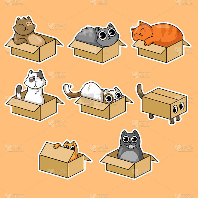 Cute cats in boxes stickers collection for t-shirt