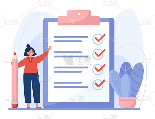 完成卡通女性平面矢量插画清单。