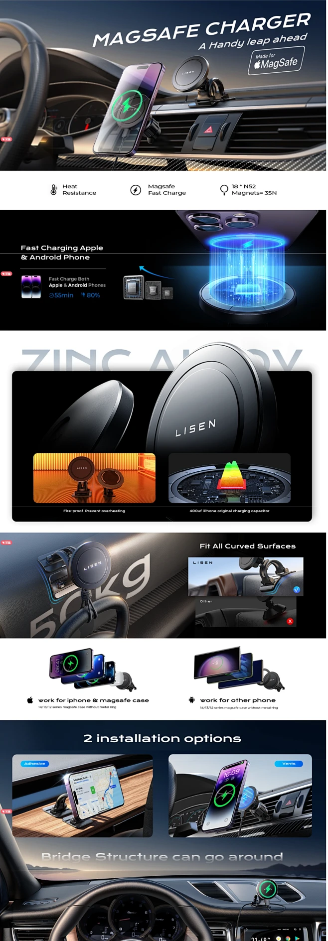 Amazon.com: LISEN for 15W MagSafe Car Mount Charger,Universal iPhone ...