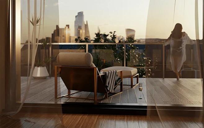 3D architectural archviz balcony deck exterior luxury Render visualization wood-花瓣网