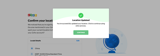 Confirm your Location Details - Zoho Accounts弹窗、登录、提交成功