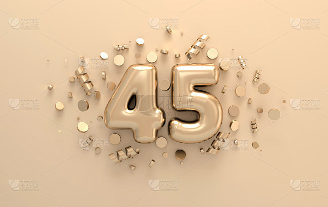 金色3d数字45，带有节日彩纸和螺旋丝带。庆祝周年活动派对的海报模板。三维渲染