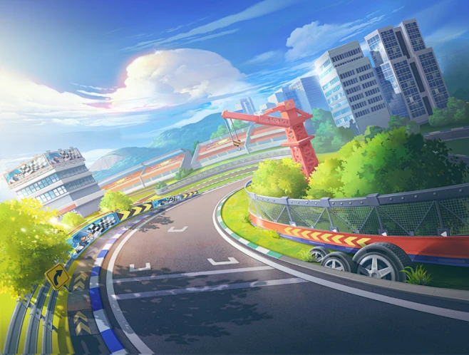 an animated city scene with cars driving on the road and tall buildings ...