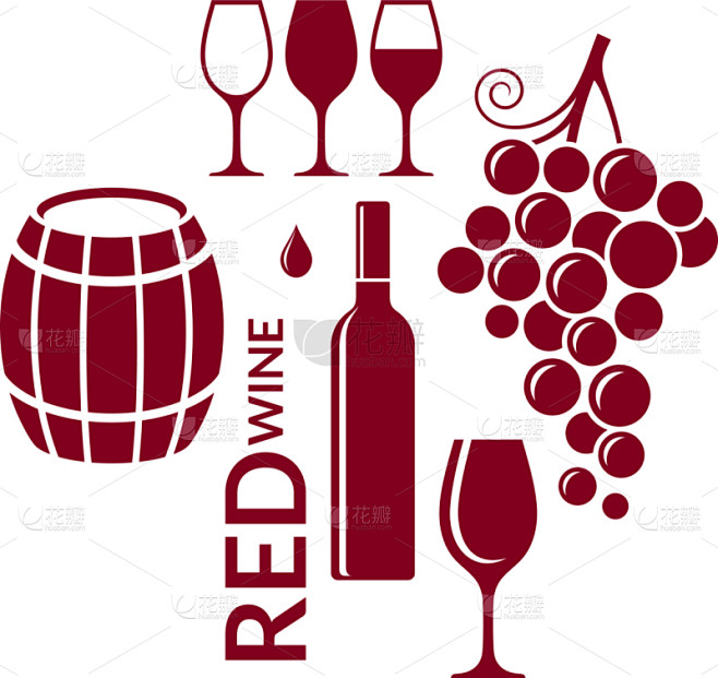 图标集,红葡萄酒,分离着色,饮料,红色,含酒精饮料,水滴,葡萄,收集,复古