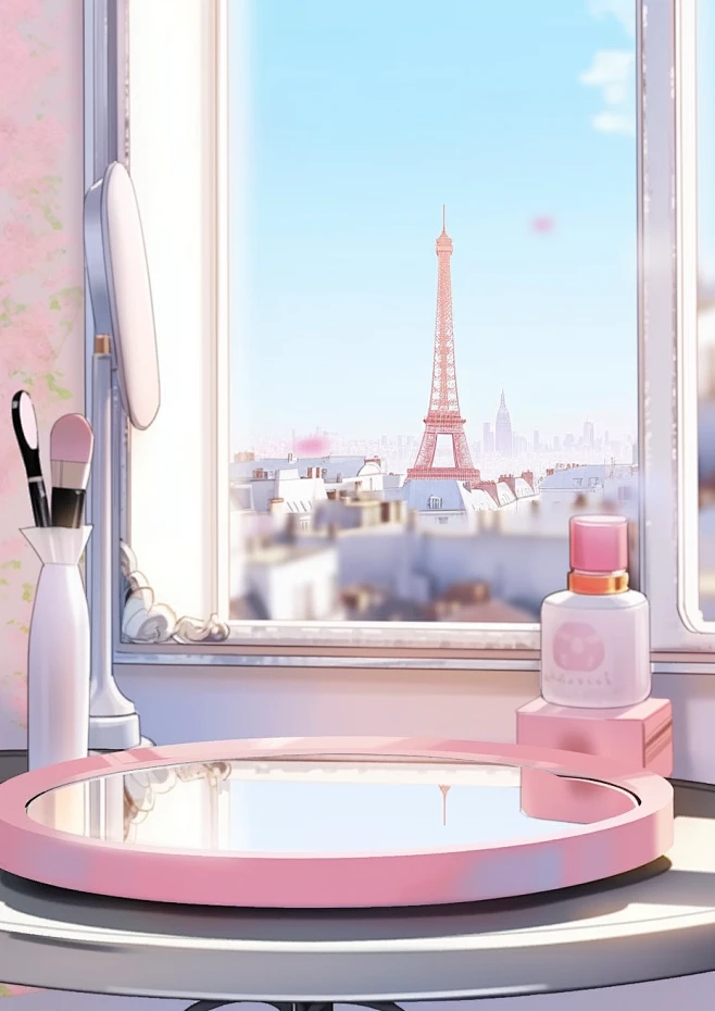 a pink mirror sitting next to a vanity with a window and a white tile ...