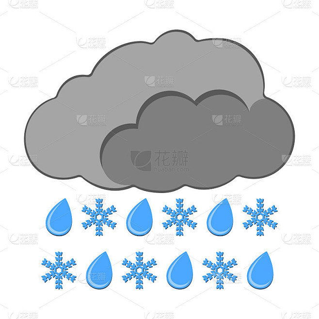 雨与雪的图标。天气标签为网页上的白色背景。卡通矢量图