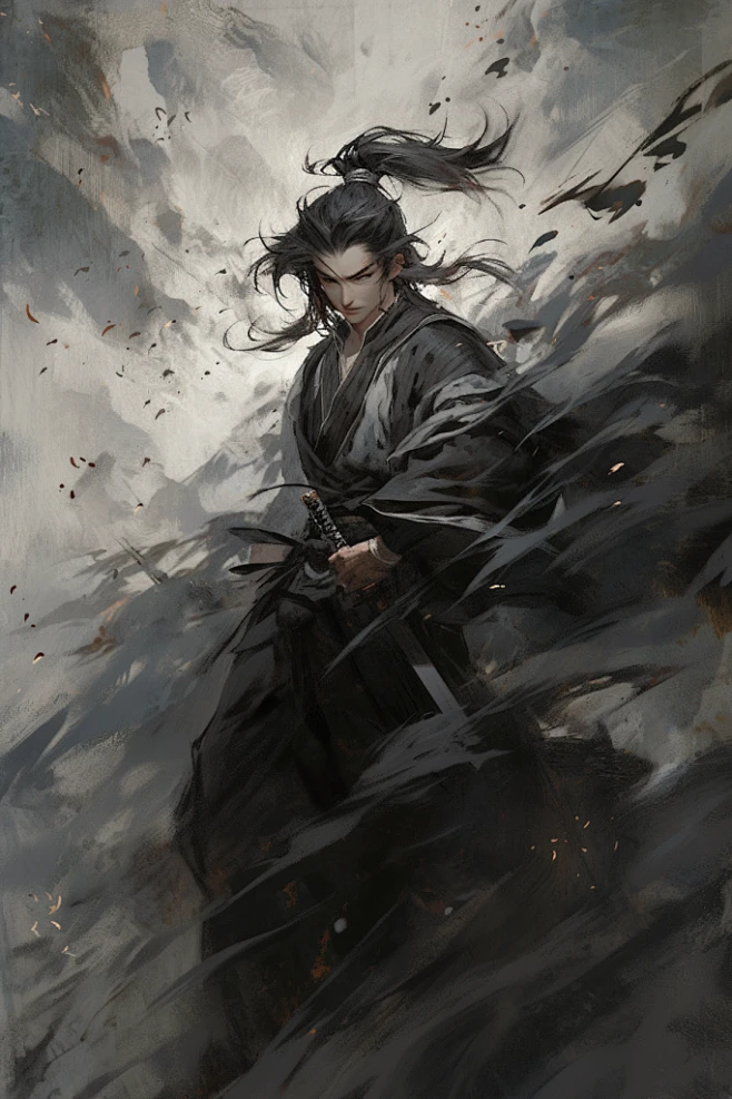 古风少年水墨武侠剑客插画-花瓣网