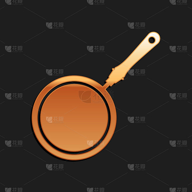 Gold Frying pan icon isolated on black background.