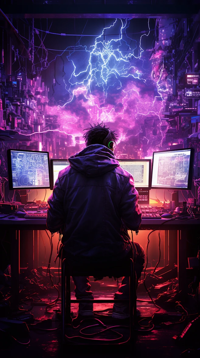 Synthwave Inkpunk, Dramatic Scene, cyberpunk hacker using a Synthwave ...