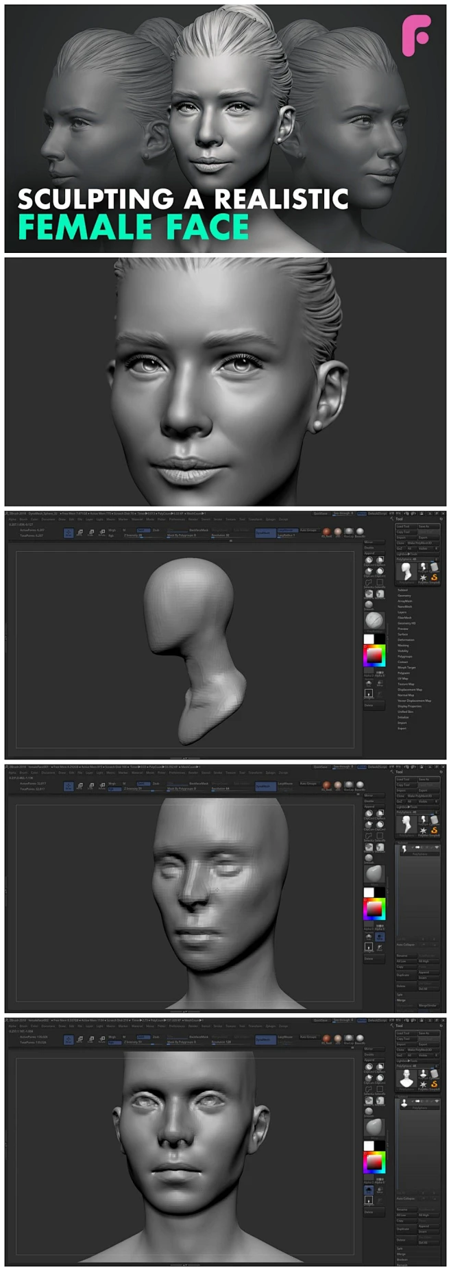 ZBrush逼真女性面孔游戏角色人物头像建模雕刻视频教程附素材 zb笔刷 Zbrush笔刷 头发笔刷 从一个球变成一个女性人像全流程 CG原画参考设定-花瓣网