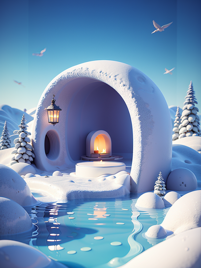 C4D SD生成 AI冰雪雪景电商 场景 冬天 雪地 小寒 大寒 大雪 小雪 雪屋