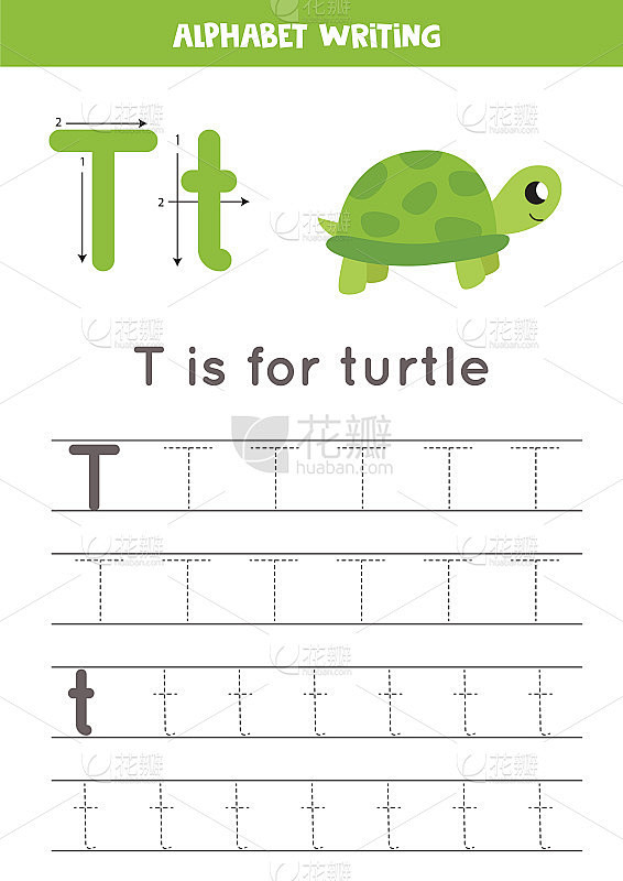 T is for turtle. Tracing English alphabet workshee