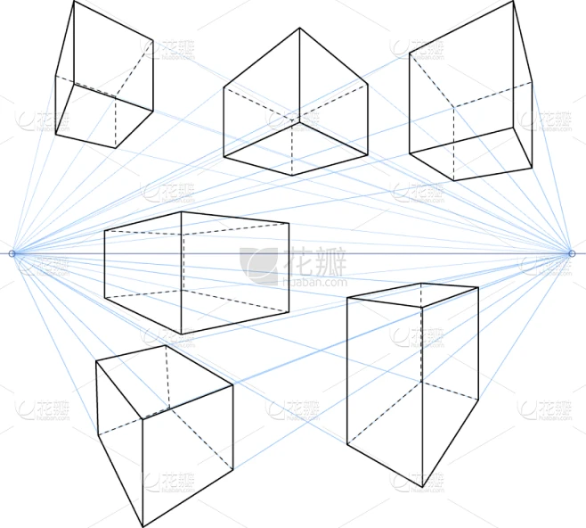two point perspective line drawings set cubes素材-花瓣网
