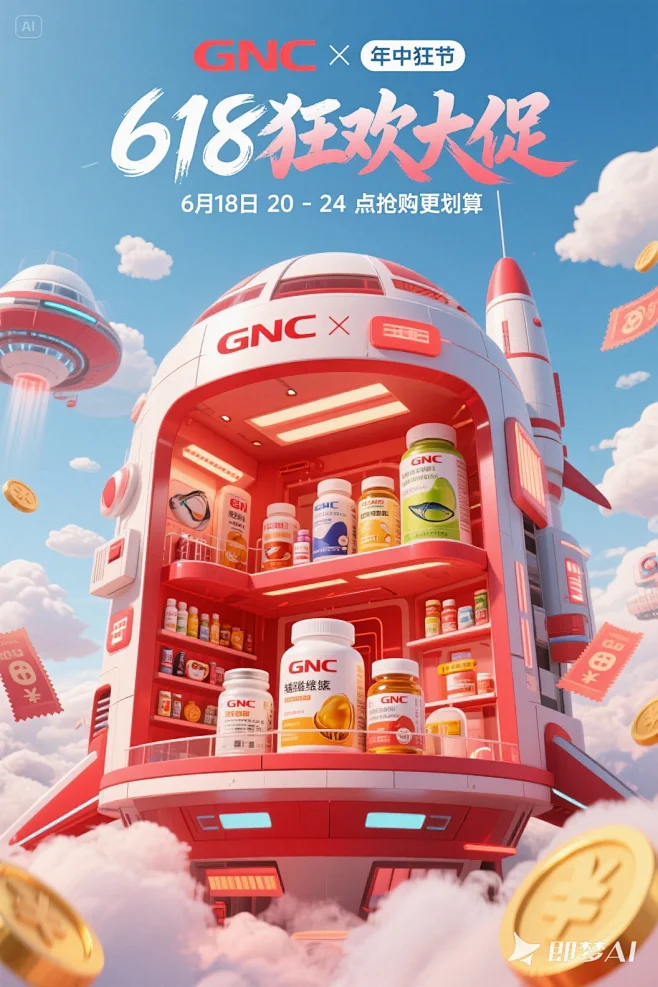 jimeng-2025-05-26-52-这是一张GNC保健品品牌天猫618电商促销海报。构建一个未来感的创意空中飞船的建筑，外观和内部空间融入GNC品牌保健品（鱼油，辅酶，维生素，男女营养包 ...