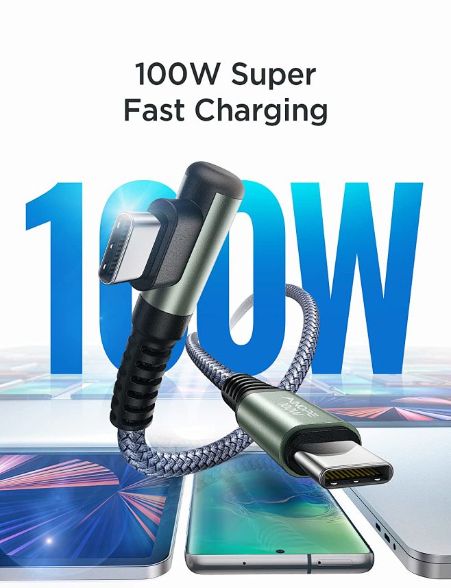 Amazon.com: USB C to USB C Cable 100W [10ft 90 Degree], Ainope Type C ...