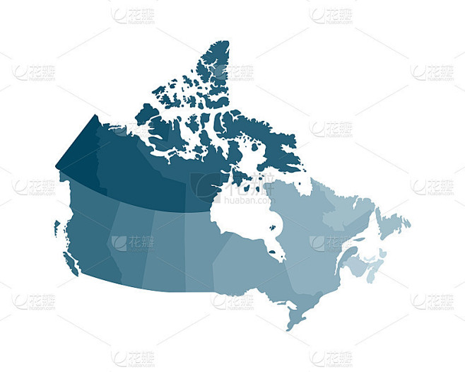 加拿大简化行政地图矢量孤立插图。地区边界。五颜六色的蓝色卡其色轮廓