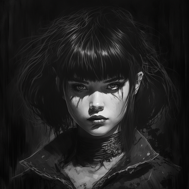 In the style of Jim Lee, Goth Girl with Lip Curling Sneer, Bangs Haircut