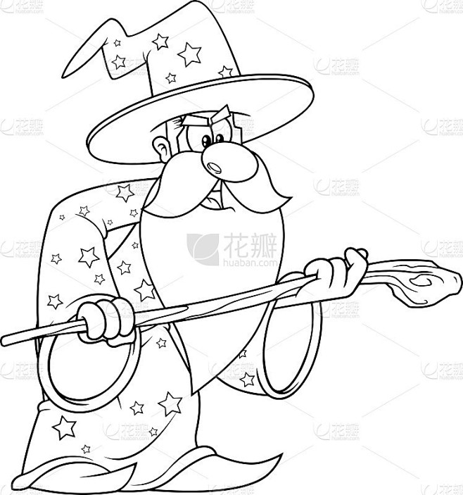 Outlined Old Wizard Cartoon Character With A Cane