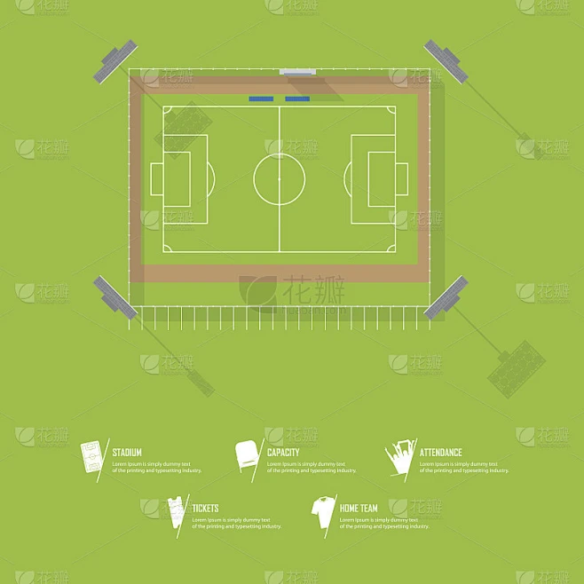 足球场或足球场俯视图。运动场地采用扁平化设计。信息图表和运动图标集。向量素材-花瓣网