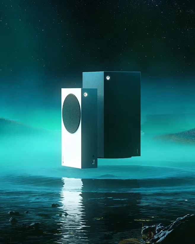 The Xbox Series X and S hover over a dark body of water.-花瓣网