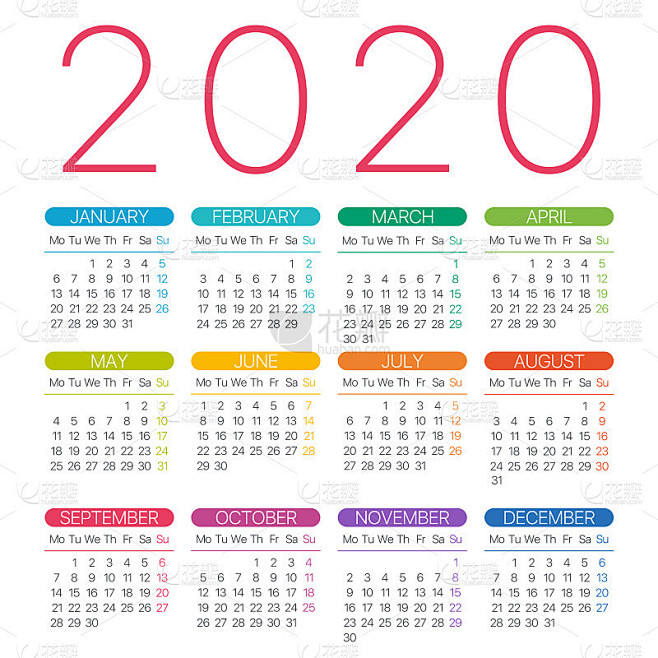 2020 Calendar - Thin Line Vector Template Graphic