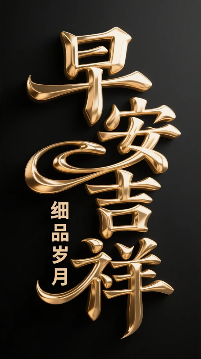 创意字体设计，流体艺术形态，金属流体字“早安吉祥”，搭配浮雕小字“细品岁月”，艺术性，概念性，混合，文字排版艺术，极简主义，留白，简约，高级 ...